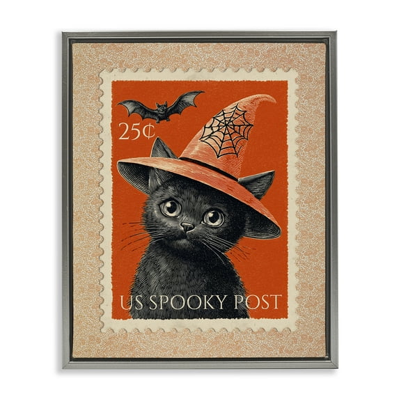 Vintage Black Cat Stamp Gray Framed Floater Canvas Wall Art, design by ...