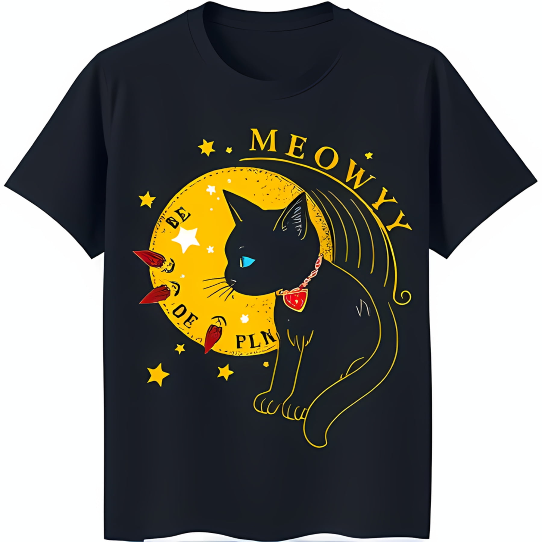 Vintage Black Cat T-Shirt with Golden Moon & 'MEOWY' Graphic Cute Cat ...