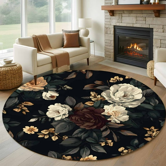 Vintage Black Floral Round Rug 5ft Washable Circle Kitchen Rugs Non ...