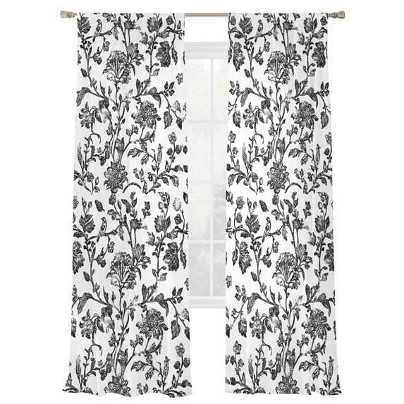 Vintage Black Floral Sheer Curtains 2 Panels Set Farmhouse Flower Sheer ...