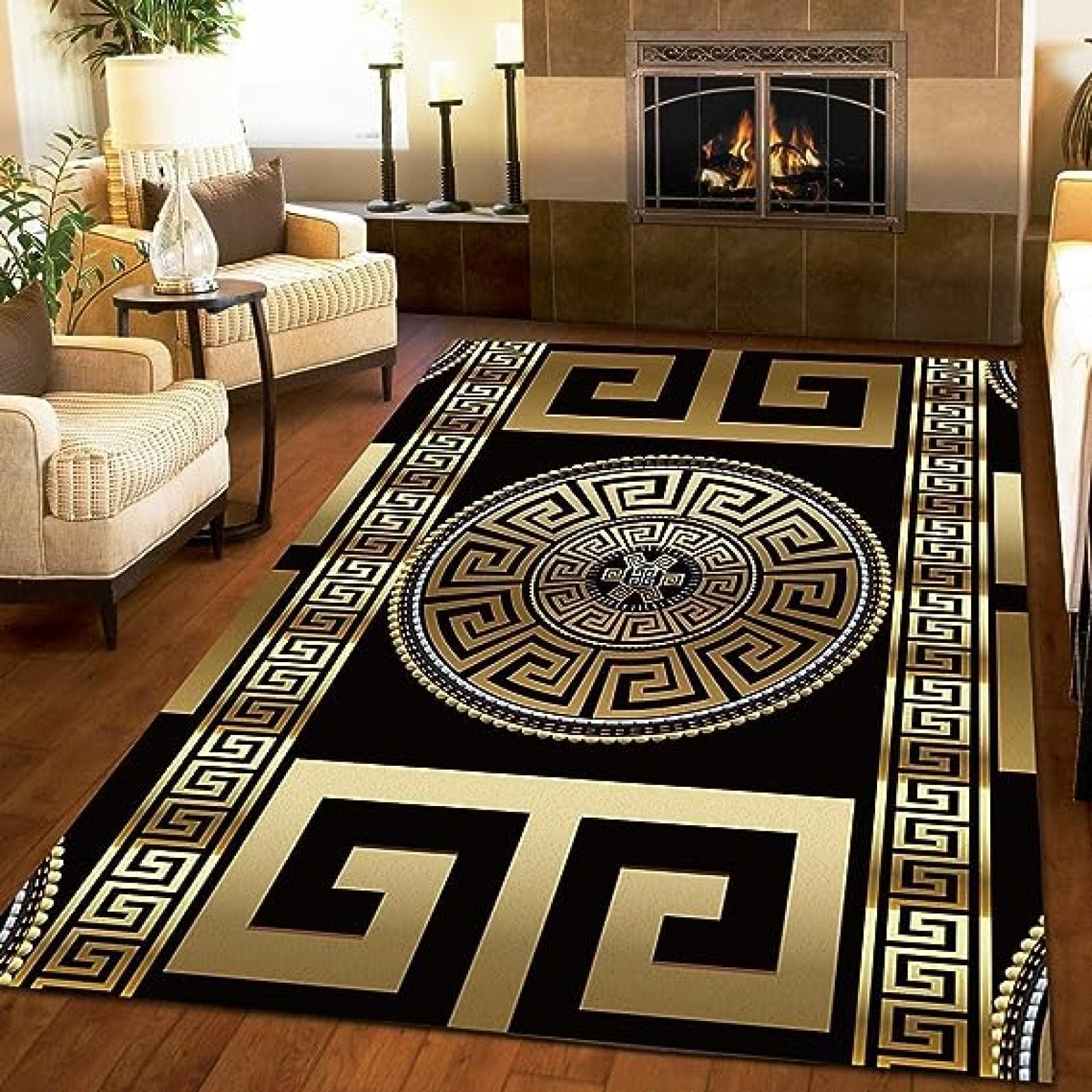 Vintage Black Gold Greek Key Area Rug, Light Luxury Abstract Geometric ...