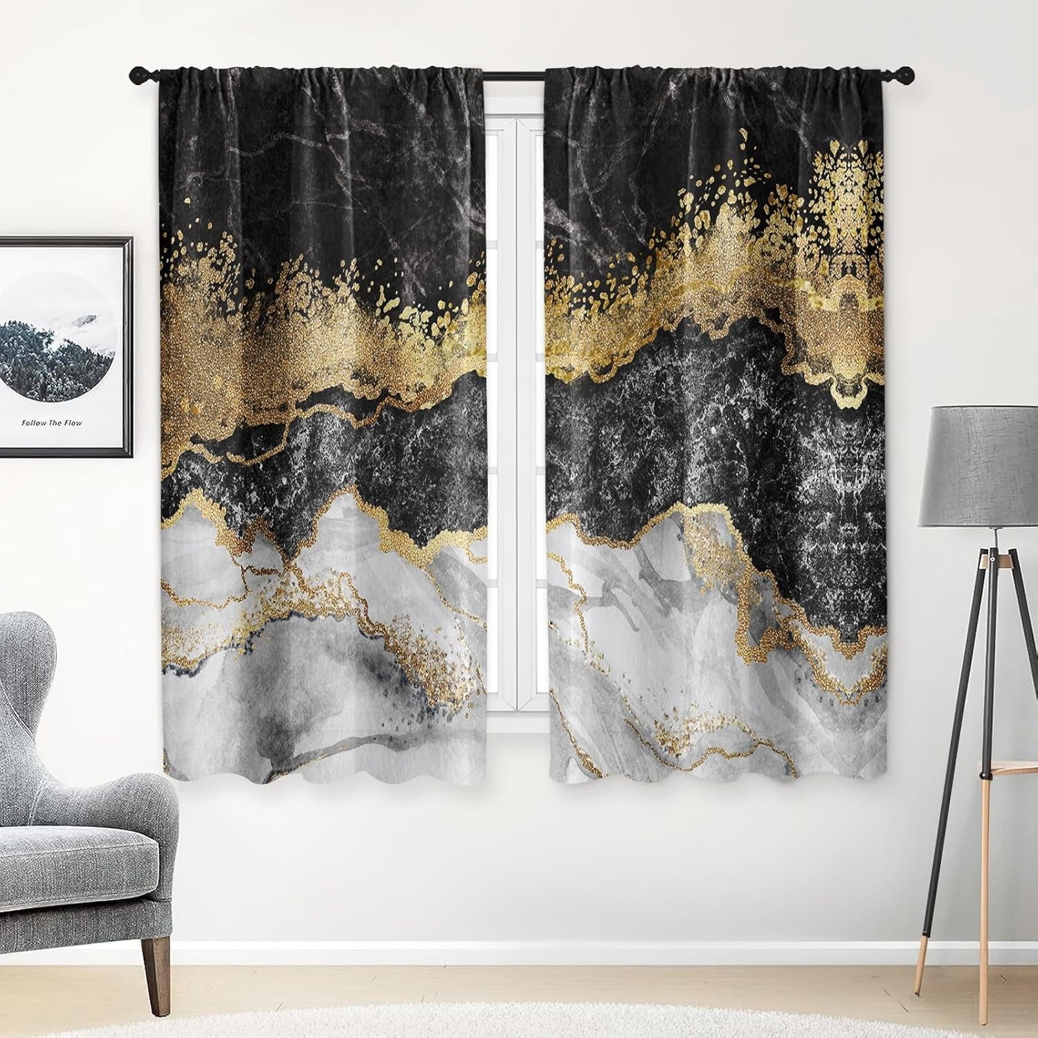 Vintage Black Gold Silver Marble Kitchen Curtains, Abstract Short ...