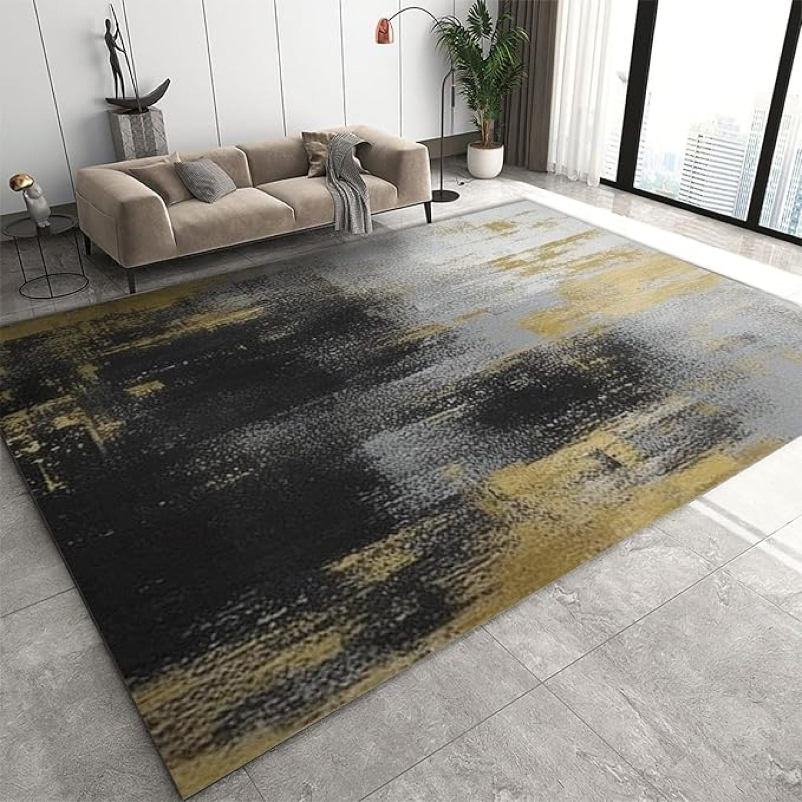 Vintage Black And Grey Oil Painting Area Rug, Luxury Gold Foil Graffiti ...