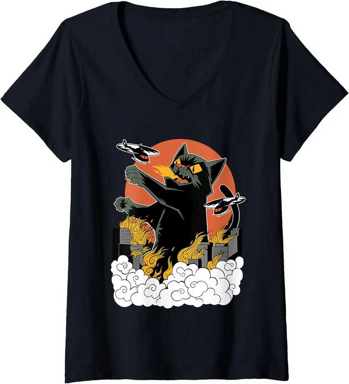 Vintage Black Japanese Catzilla Sunset Classic Fit Funny Cat Ladies' V ...