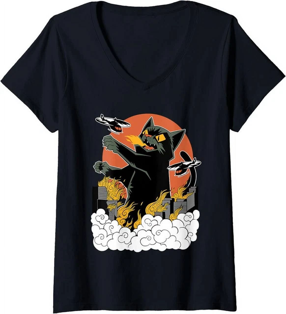 Vintage Black Japanese Catzilla Sunset Clic Fit Funny Cat Ladies' V ...