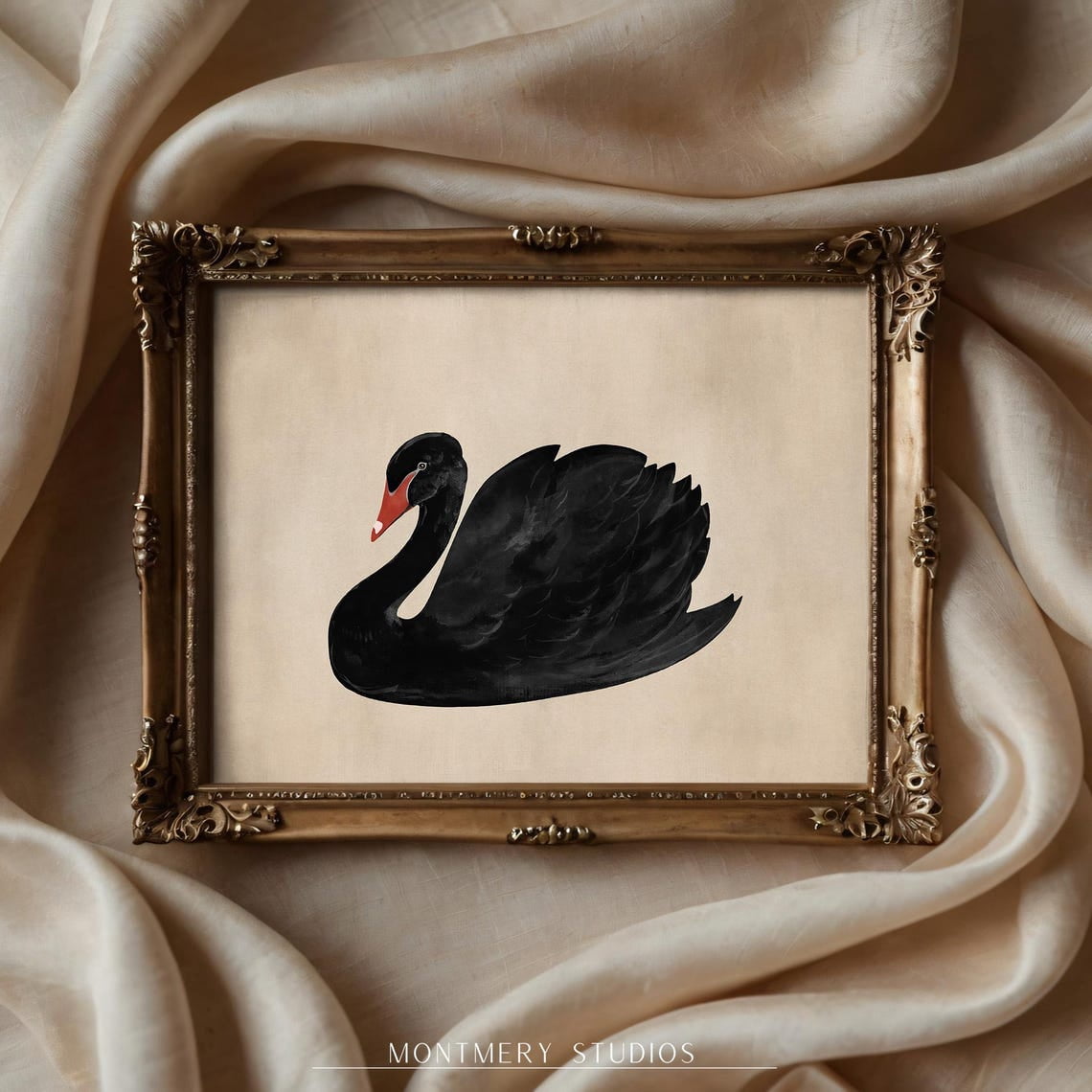 Vintage Black Swan Print Poster on Beige Background, Neutral Wall Art ...