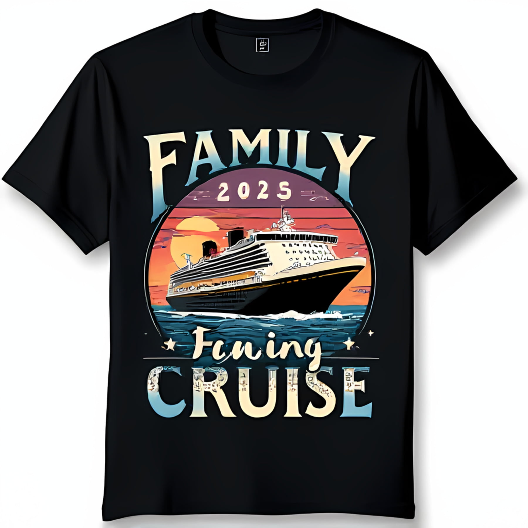 Vintage Black T-Shirt with Cruise Ship Sunset Design FAMILY 2025 Funing ...