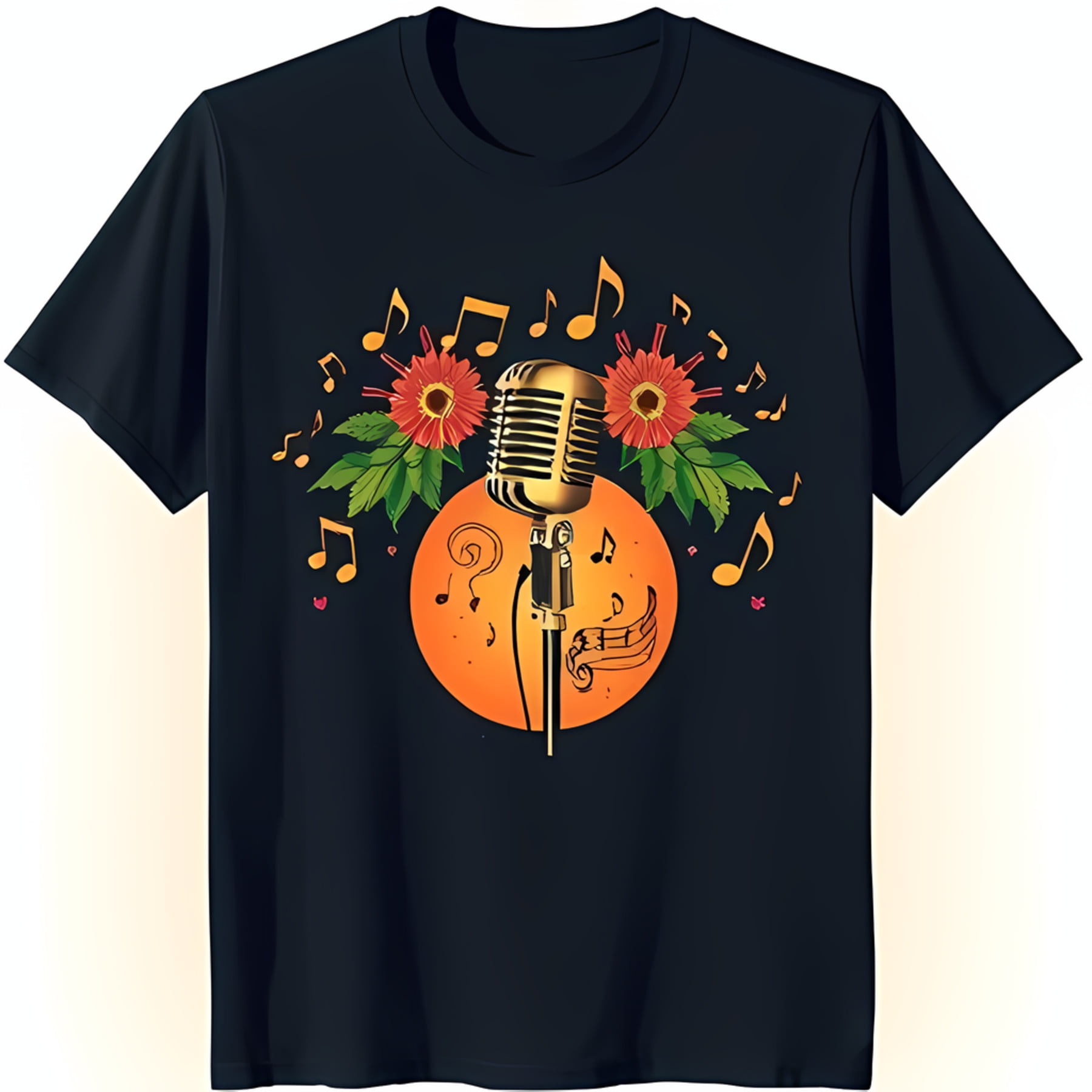 Vintage Black T-Shirt with Flowers & Musical Notes Design - Walmart.com