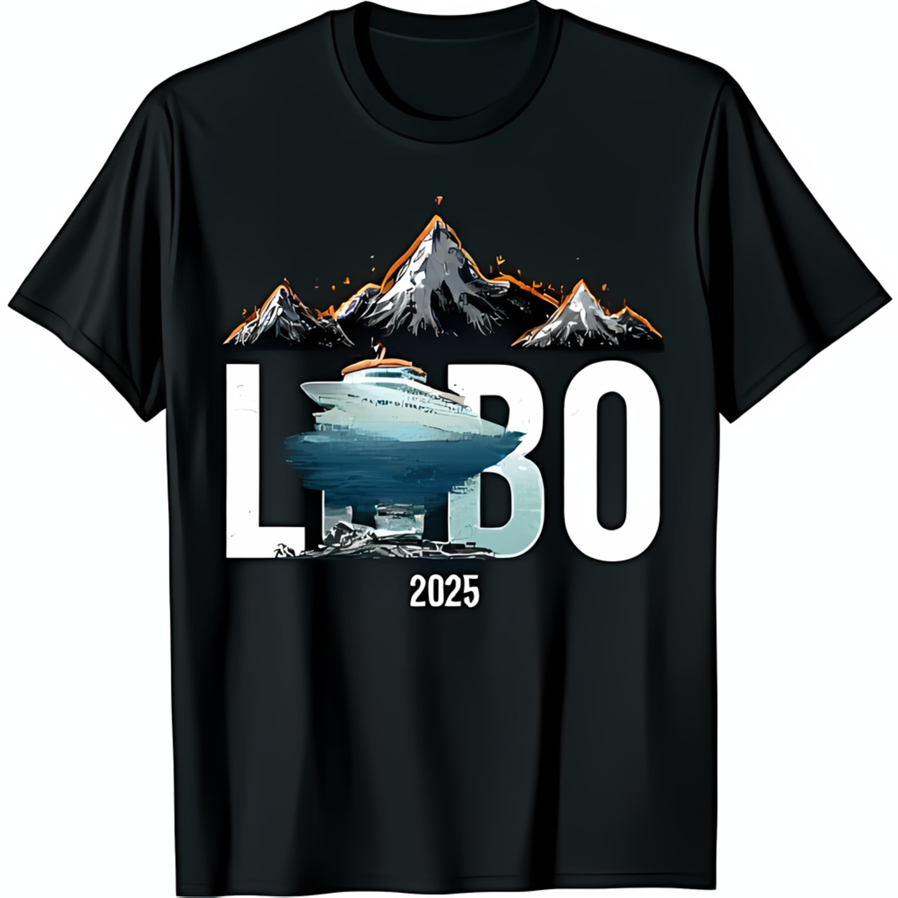 Vintage Black T-Shirt with LIBO 2025 Graphic Snow Capped Mountains & Cruise Ship Design ...