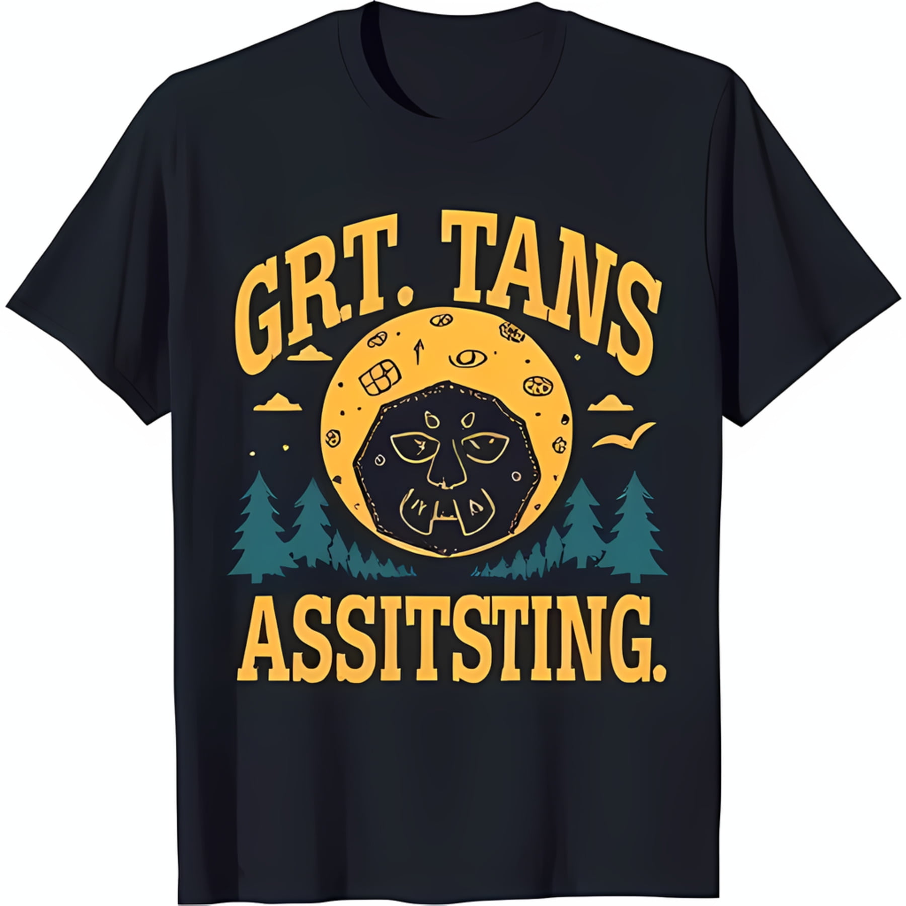 Vintage Black T-Shirt with Large Yellow Moon Face & 'GRT TANS ASSISTING ...