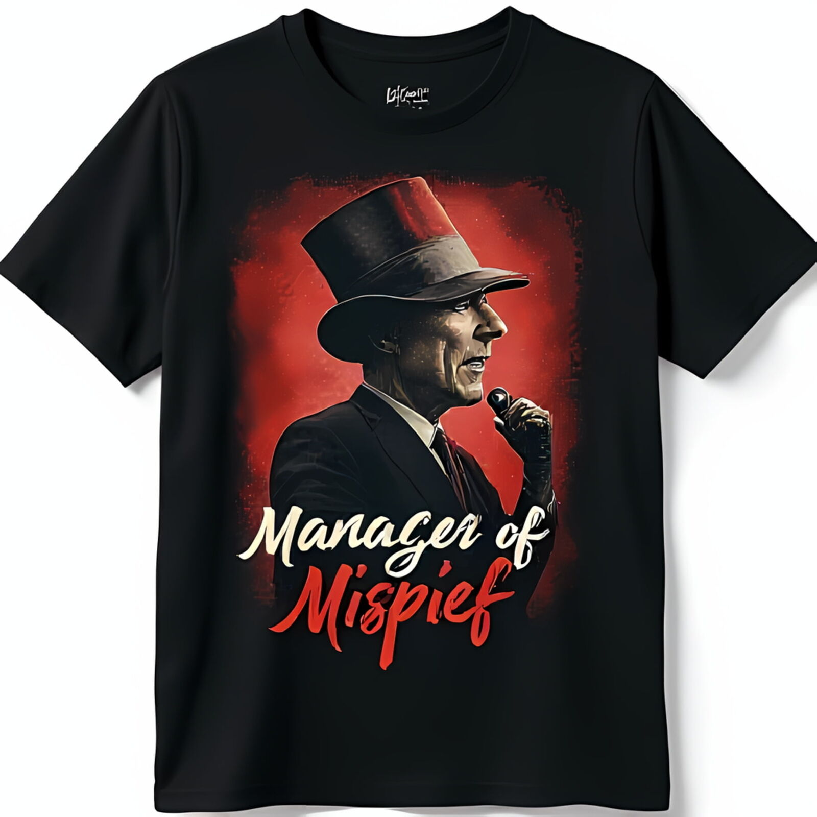 Vintage Black T-Shirt with Manager of Mischief Graphic & Man Design ...