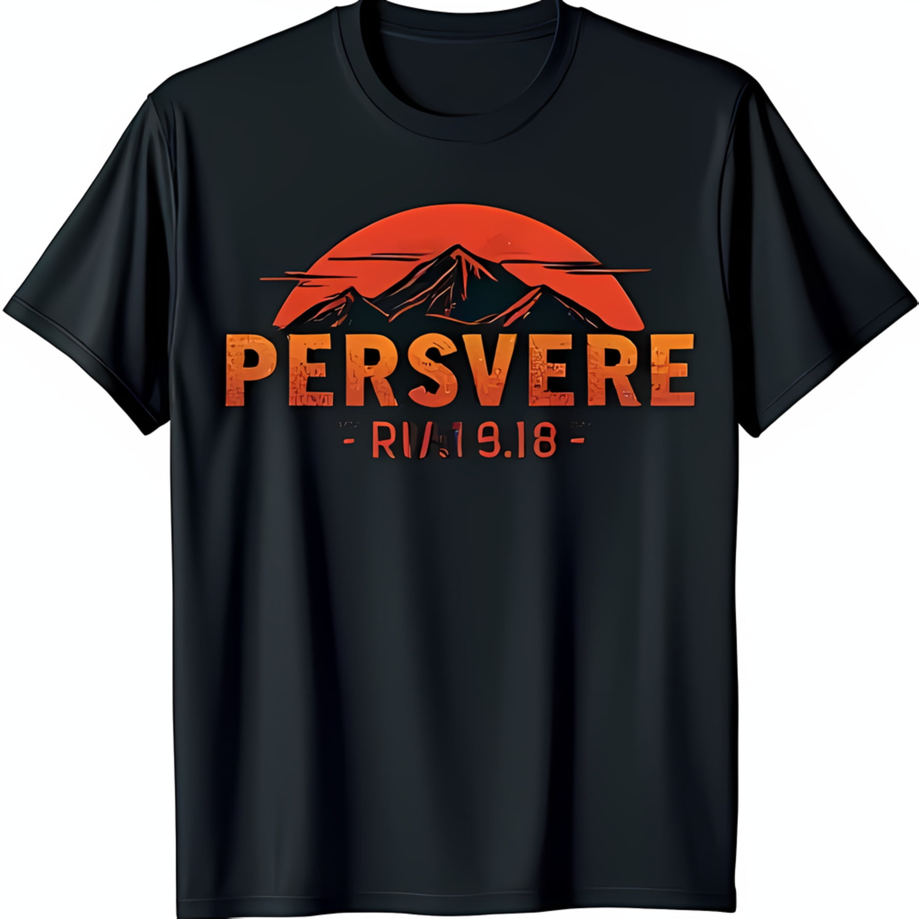 Vintage Black T-Shirt with Red Sun and Mountain Graphic PERSEVERE ...