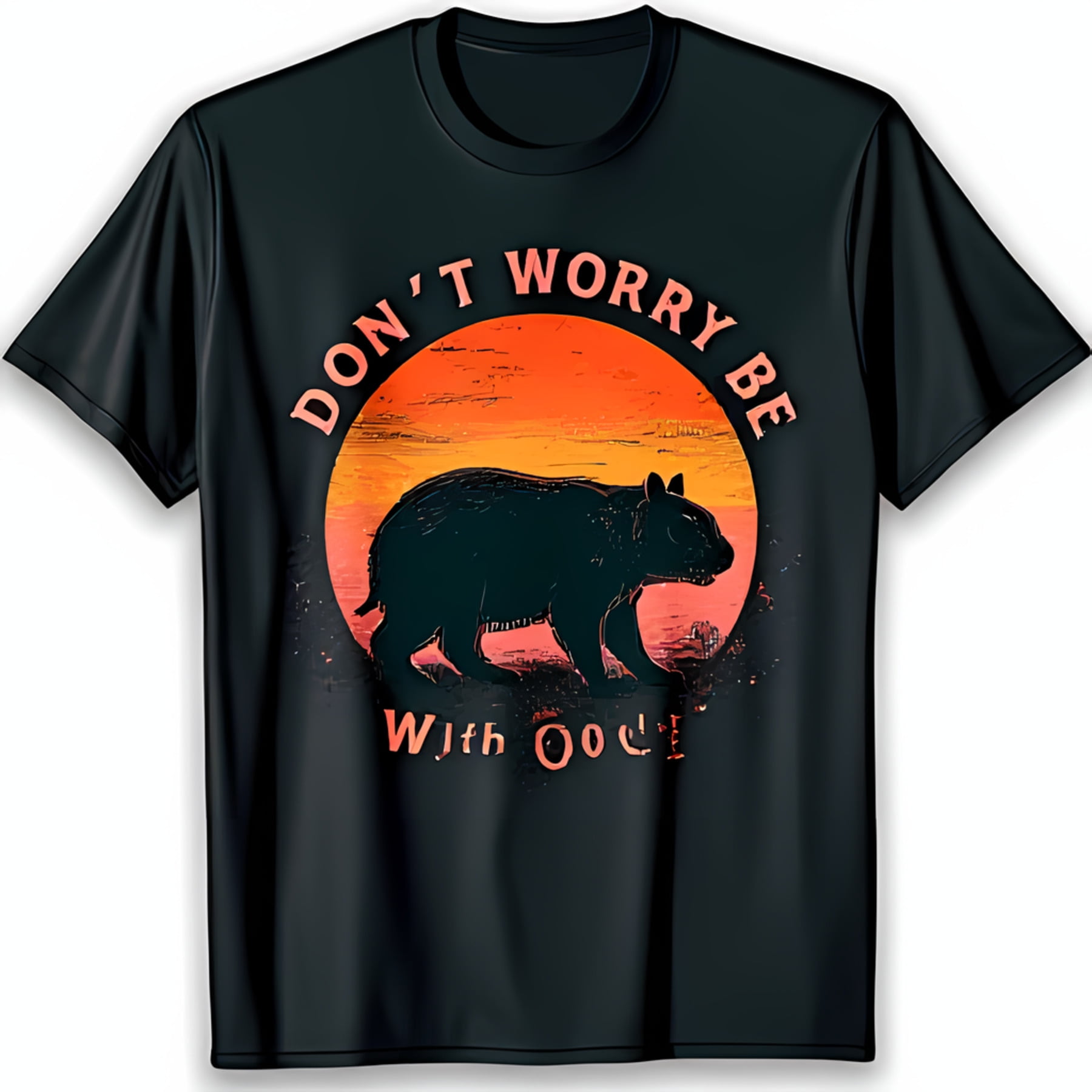 Vintage Black T-Shirt with Wombat Sunset Graphic Don t Worry Be With ...