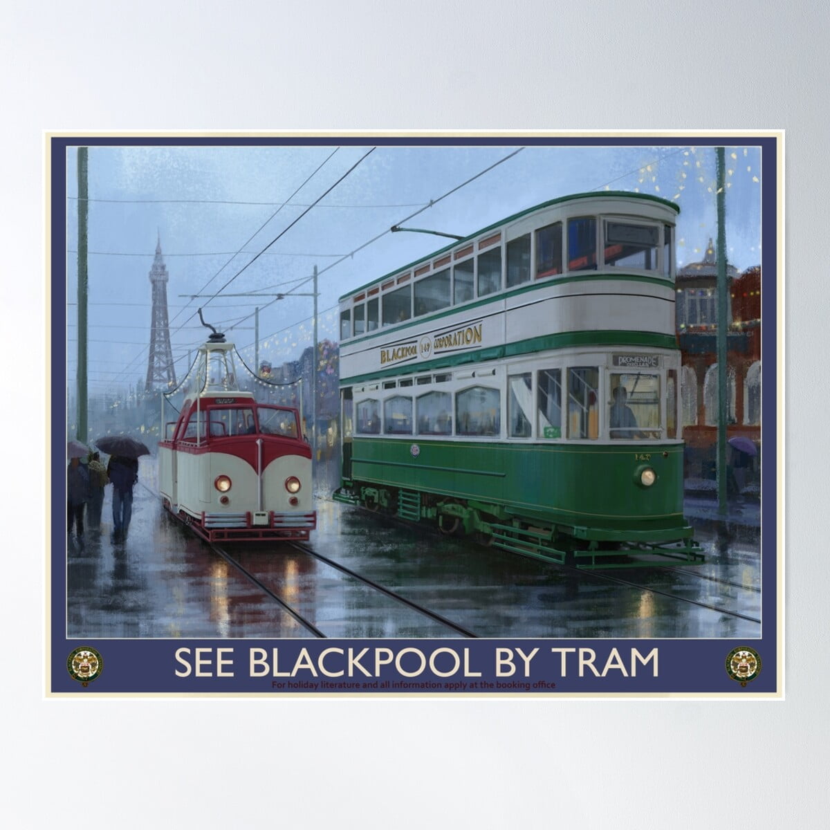 Vintage Blackpool Pleasure Beach Trams Postcard Illustration Poster Wall Art, Modern Wall Decor ...