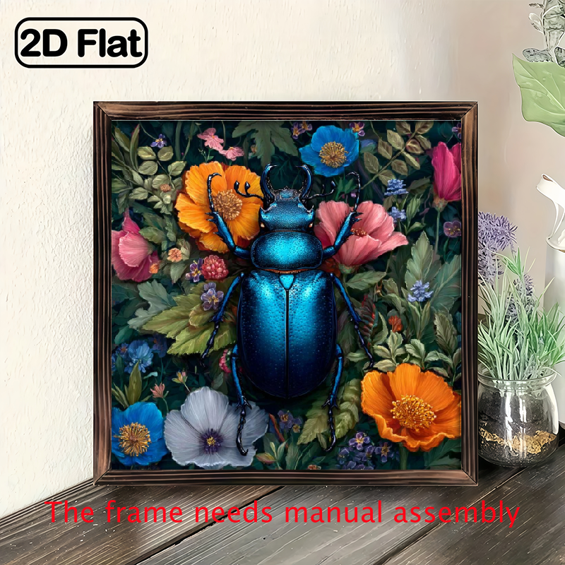 Vintage Blue Beetle and Floral Wall Decor - Rustic Farmhouse Painting ...