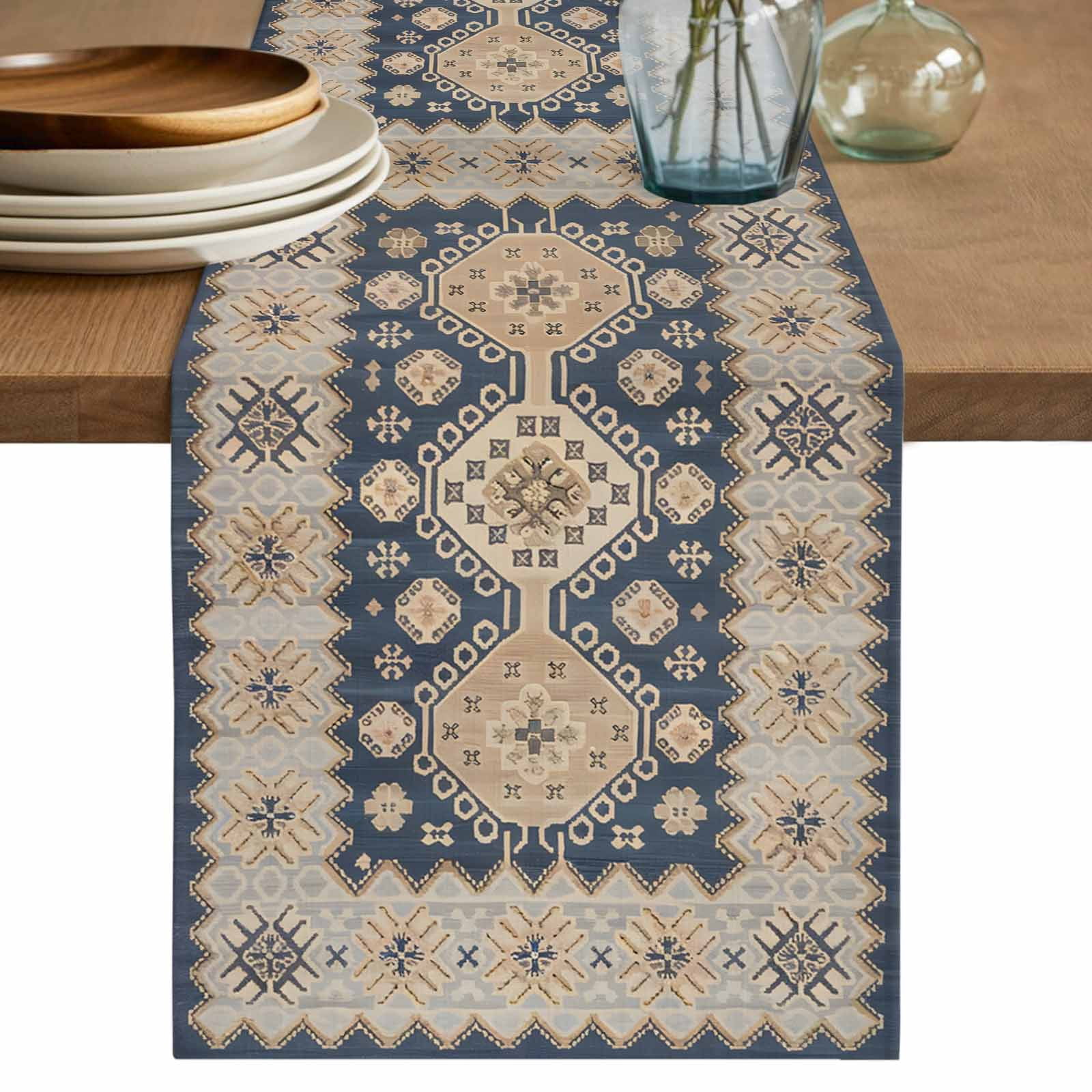 Vintage Blue Bohemian Geometric Table Runner, Ethnic Retro Pattern ...
