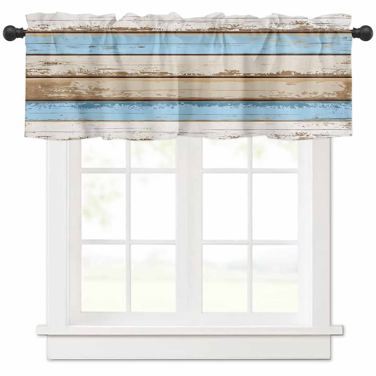 Vintage Blue Brown Valances for Windows Farmhouse Kitchen Curtains ...