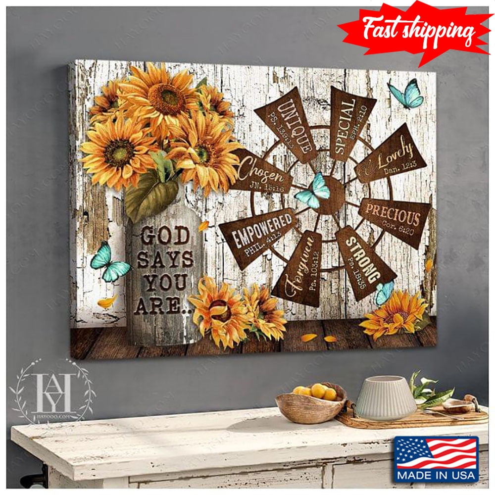 Vintage Blue Butterflies Flying Around Windmill & Sunflowers God Says ...