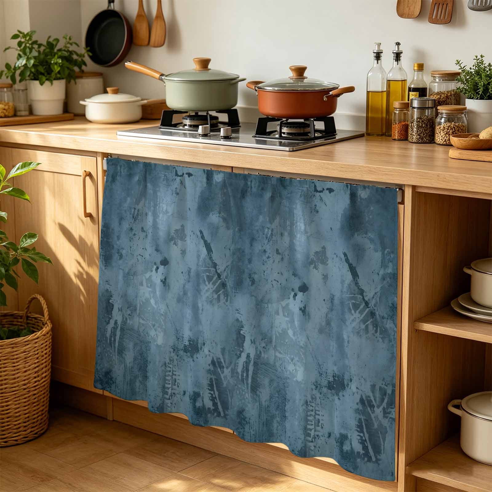 Vintage Blue Cabinet Curtains 35" W x 35" L Country Retro Abstract Blue ...