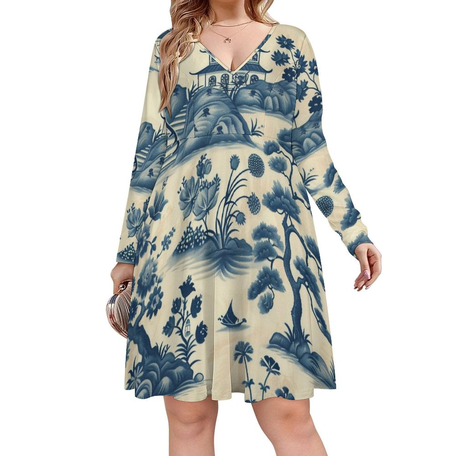 Vintage Blue Chinoiserie Toile Boat Long Sleeve Dresses For Women Vintage Elegant Party Dress ...