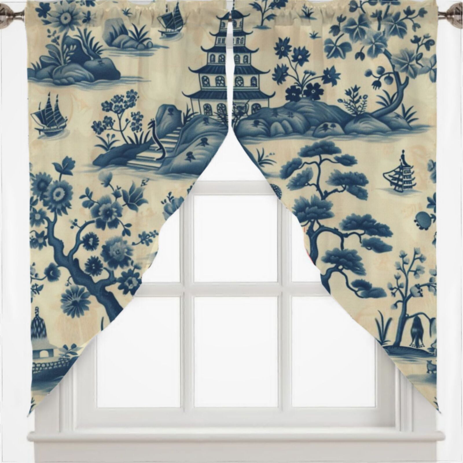 Vintage Blue Chinoiserie Toile Boat Swag Valances For Windows 2 Pack ...