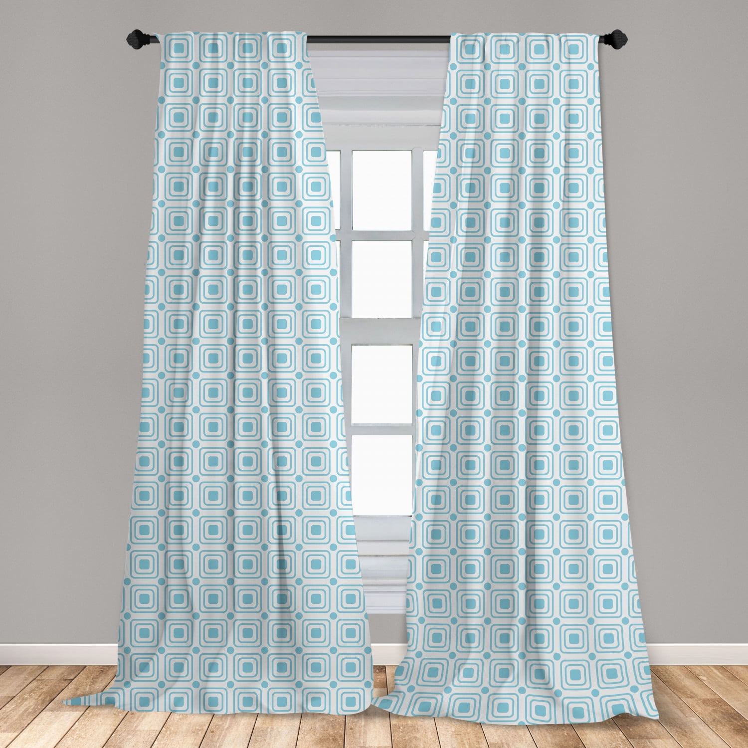 Vintage Blue Curtains 2 Panels Set, Nested Square Shapes with Round ...