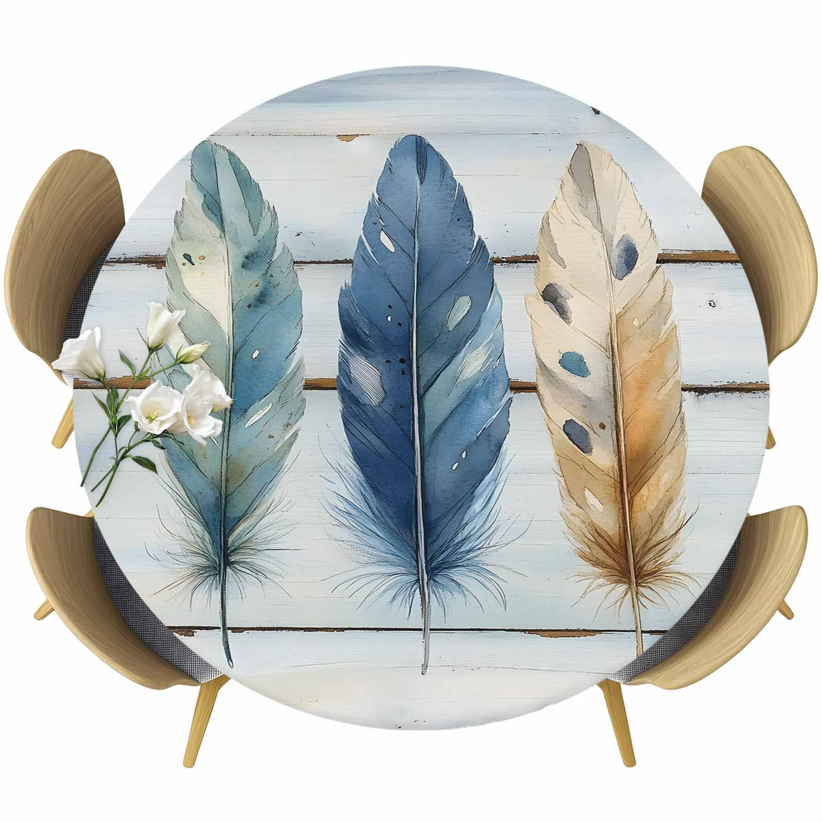 Vintage Blue Feathers Round Tablecloth 55-60 Inch Round Fitted Table ...