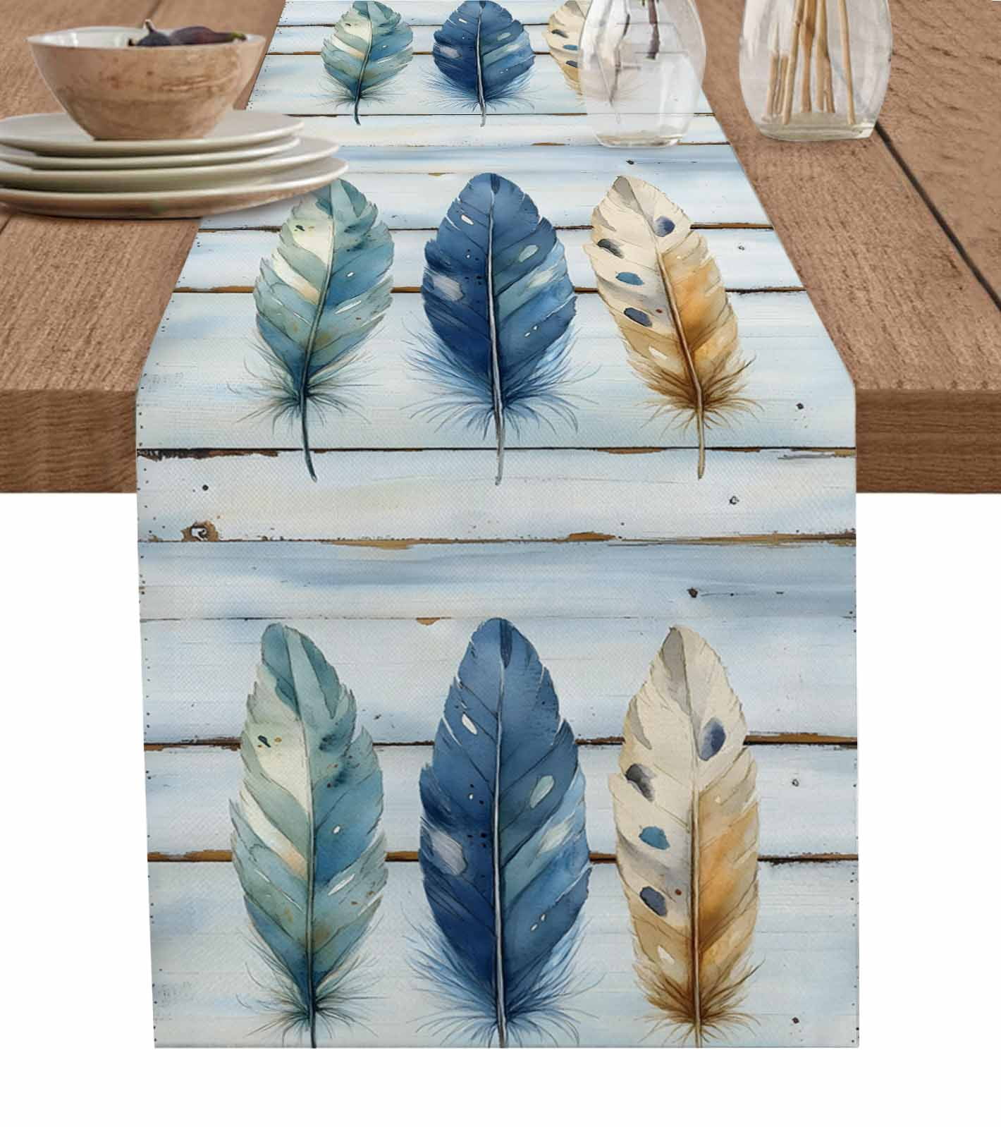 Vintage Blue Feathers Table Runner 72 Inches, Boho Retro Wooden Grain ...