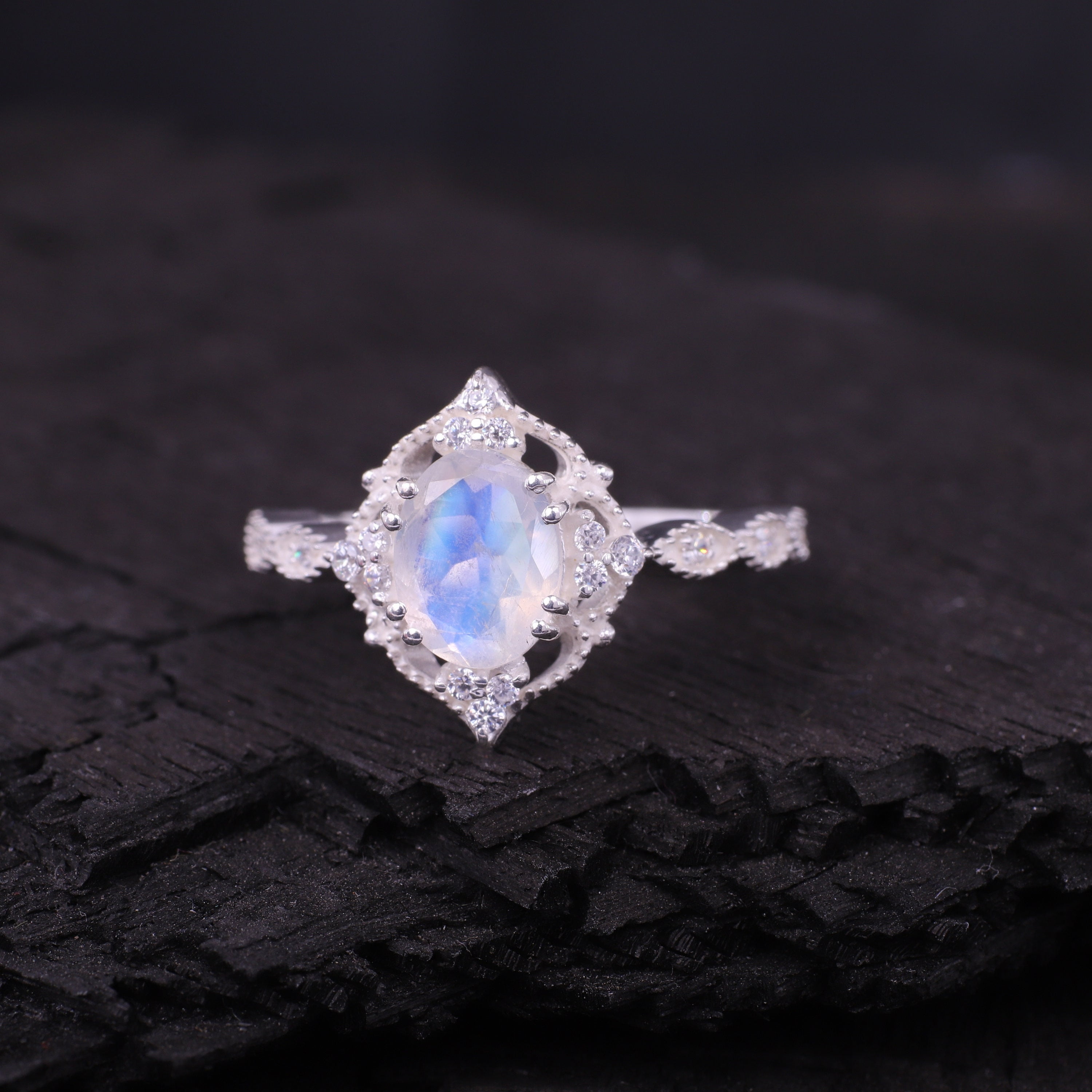 Vintage Blue Fire Moonstone Engagement Ring Sterling Silver Unique ...