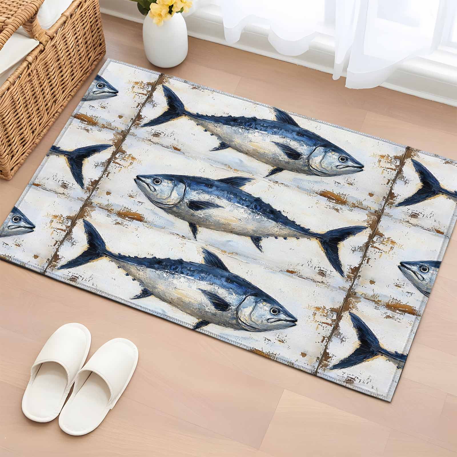 Vintage Blue Fish Bathroom Rug Washable 2x3 Entryway Rug Non Slip ...