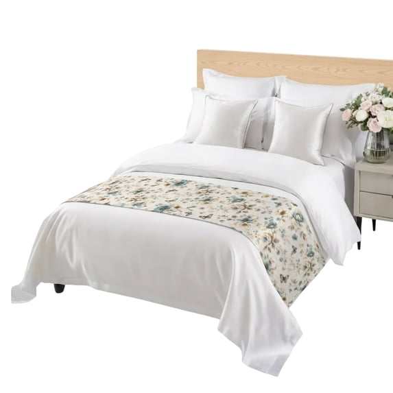Vintage Blue Floral Bed Runner Queen Size Butterfly Leaf Vines ...