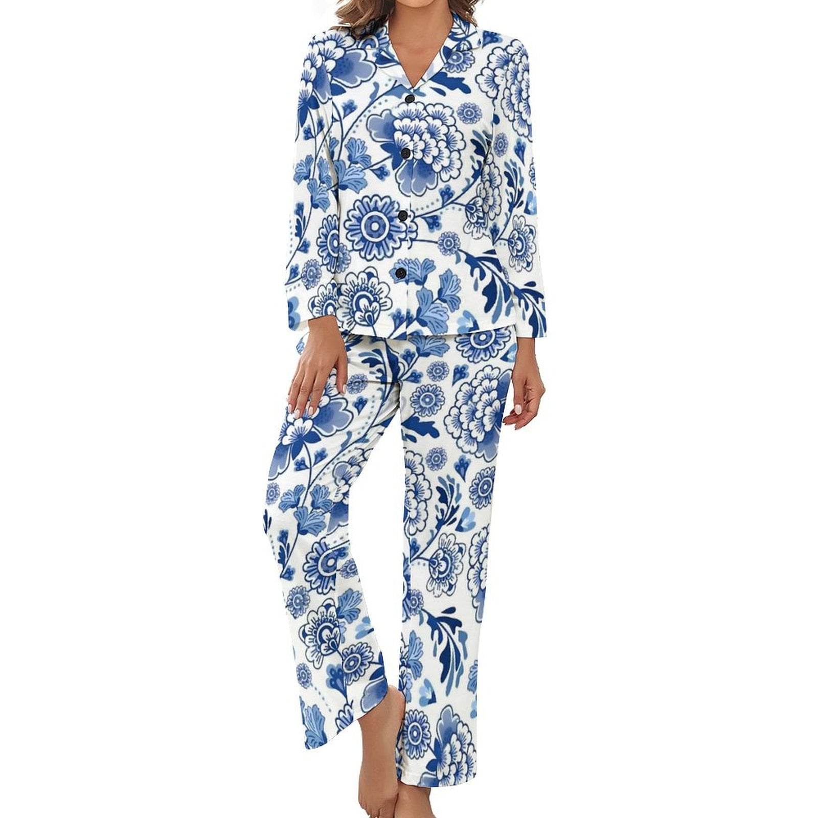 Vintage Blue Flower Pajamas Female Hydrangea Print Cute Nightwear ...