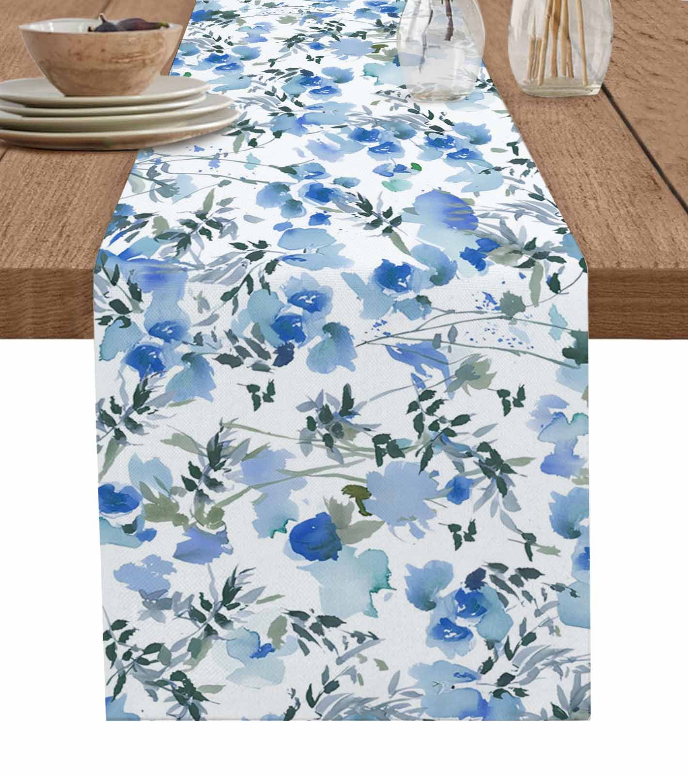 Vintage Blue Flower Short Table Runners 36 Inches, Cotton Linen Fabric ...