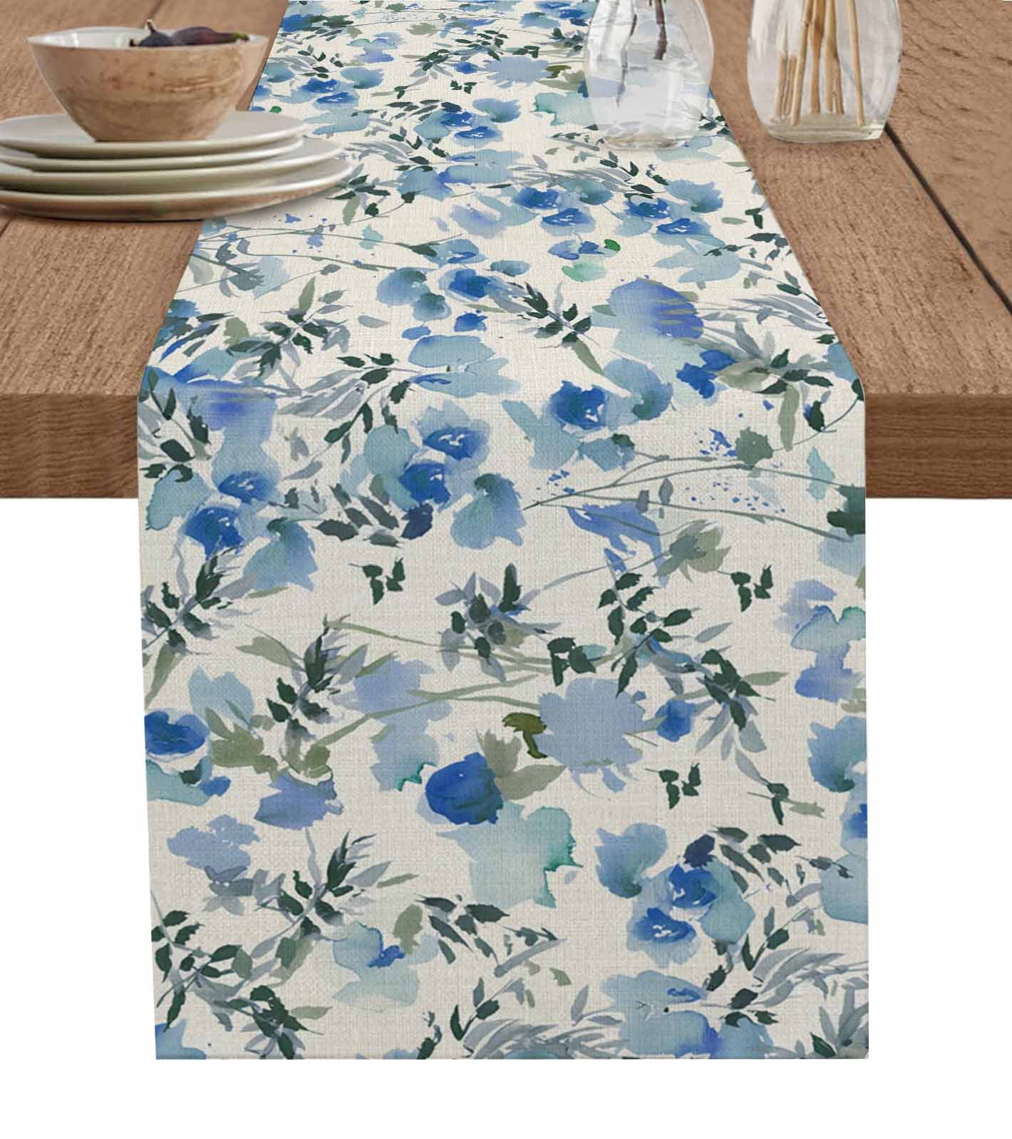 Vintage Blue Flower Table Runner 108 Inches, Farmhouse Botanical Floral ...
