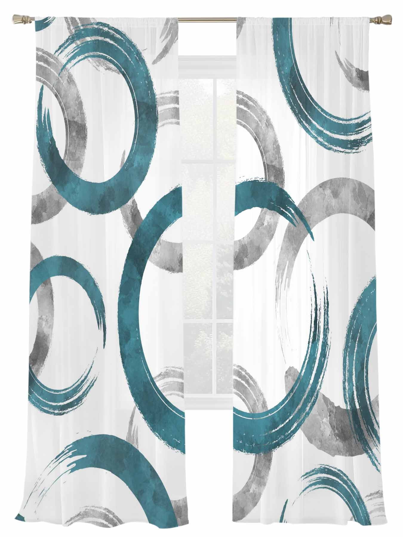 Vintage Blue Gray Circle Lines Sheer Curtains 84 Inch Long 2 Panels ...