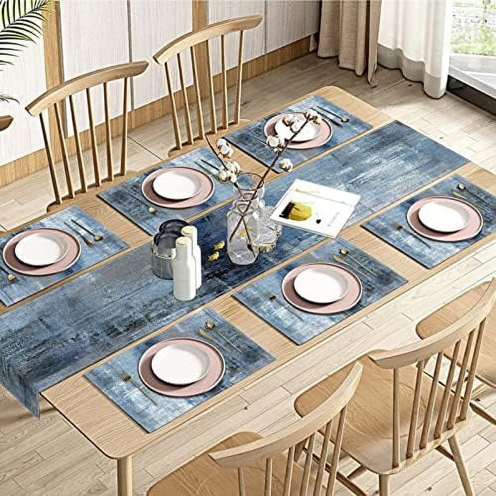 Vintage Blue Grey Table Runner and Placemats Set of 6 Modern Abstract ...
