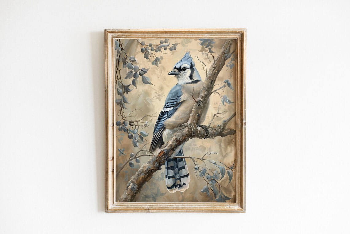 Vintage Blue Jay Bird Wall Art, Rustic Spring Trees, Neutral Farmhouse ...