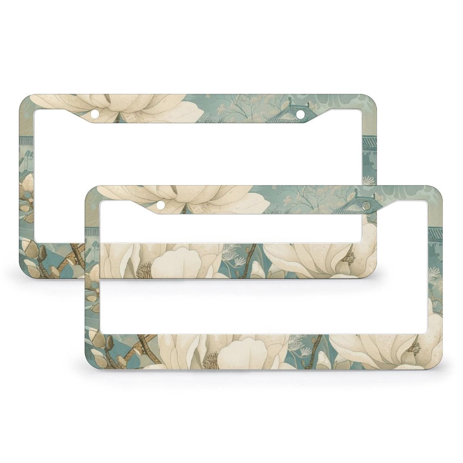 Vintage Blue Magnolia Floral License Plate Cover 2 Pieces White Flower ...