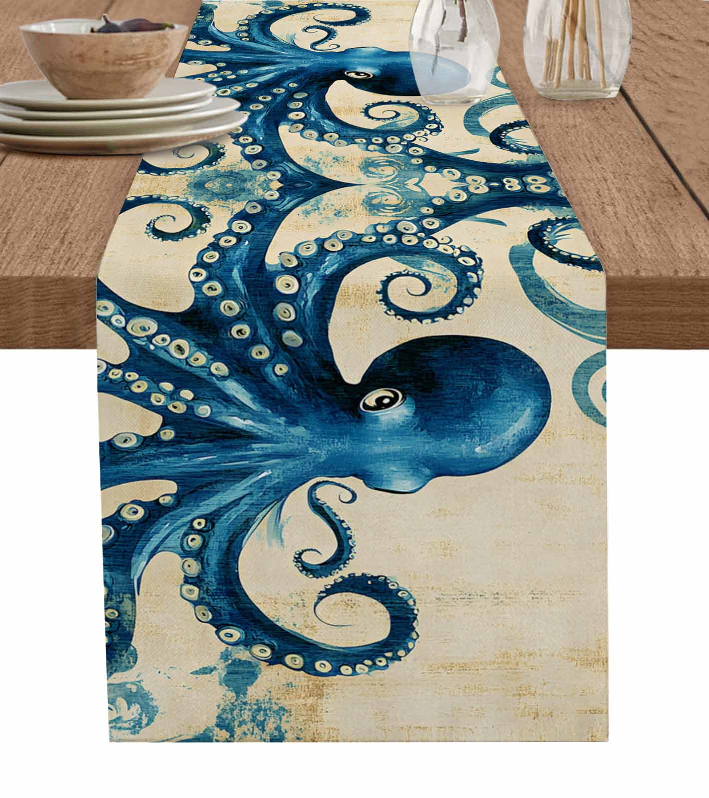 Vintage Blue Octopus Table Runner 72 Inches, Summer Coastal Ocean Wave ...