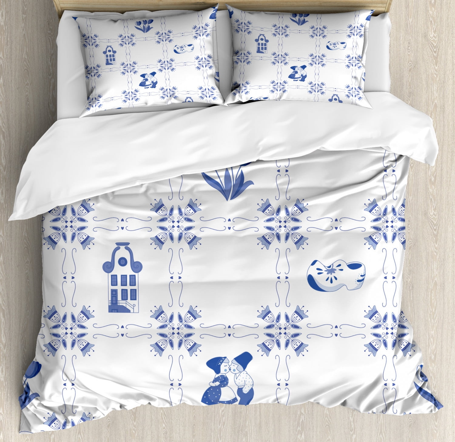 Vintage Blue Queen Size Duvet Cover Set, Symbolic Dutch Culture Icons ...