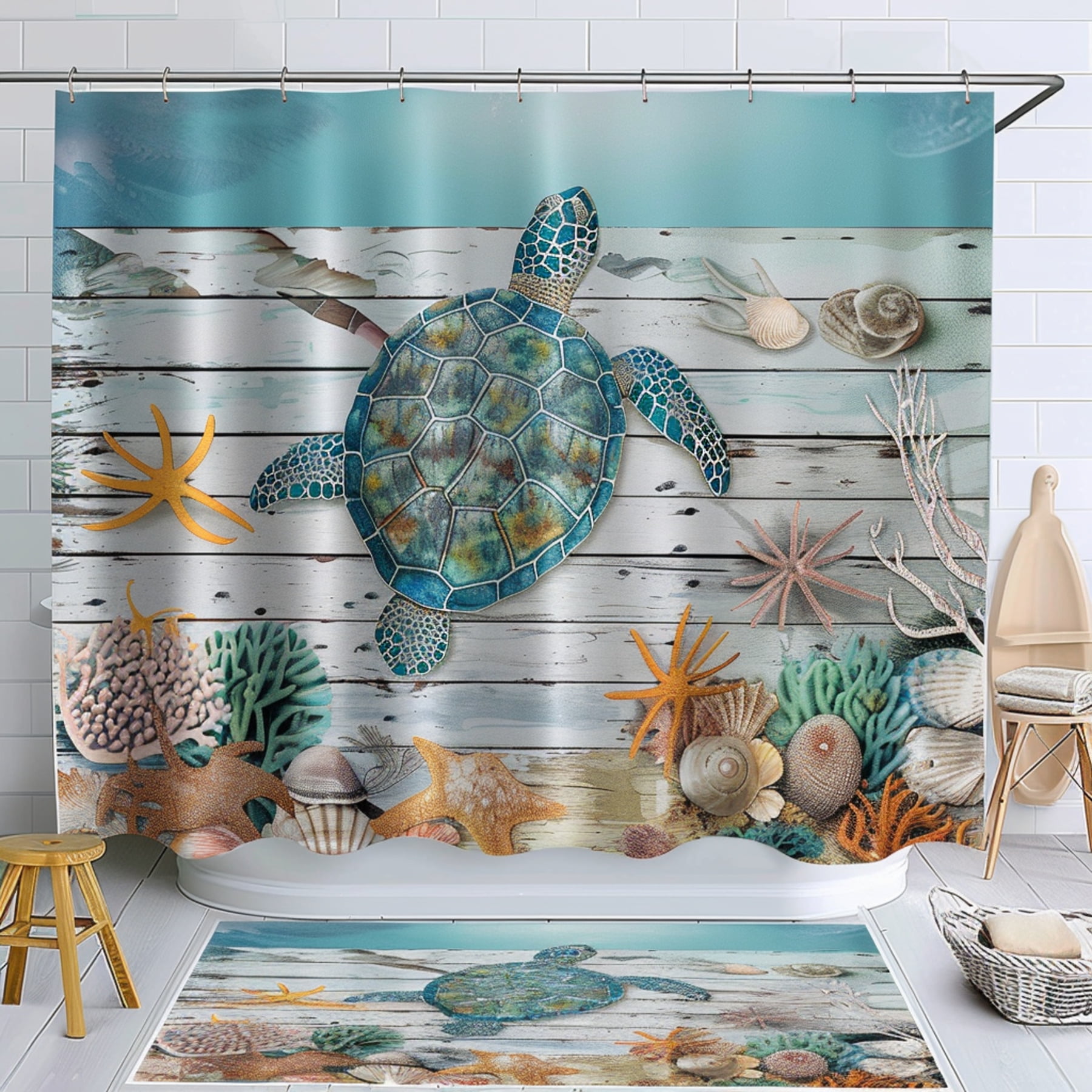 Vintage Blue Sea Turtle And Coral Reef Bathroom Shower Curtain Detailed