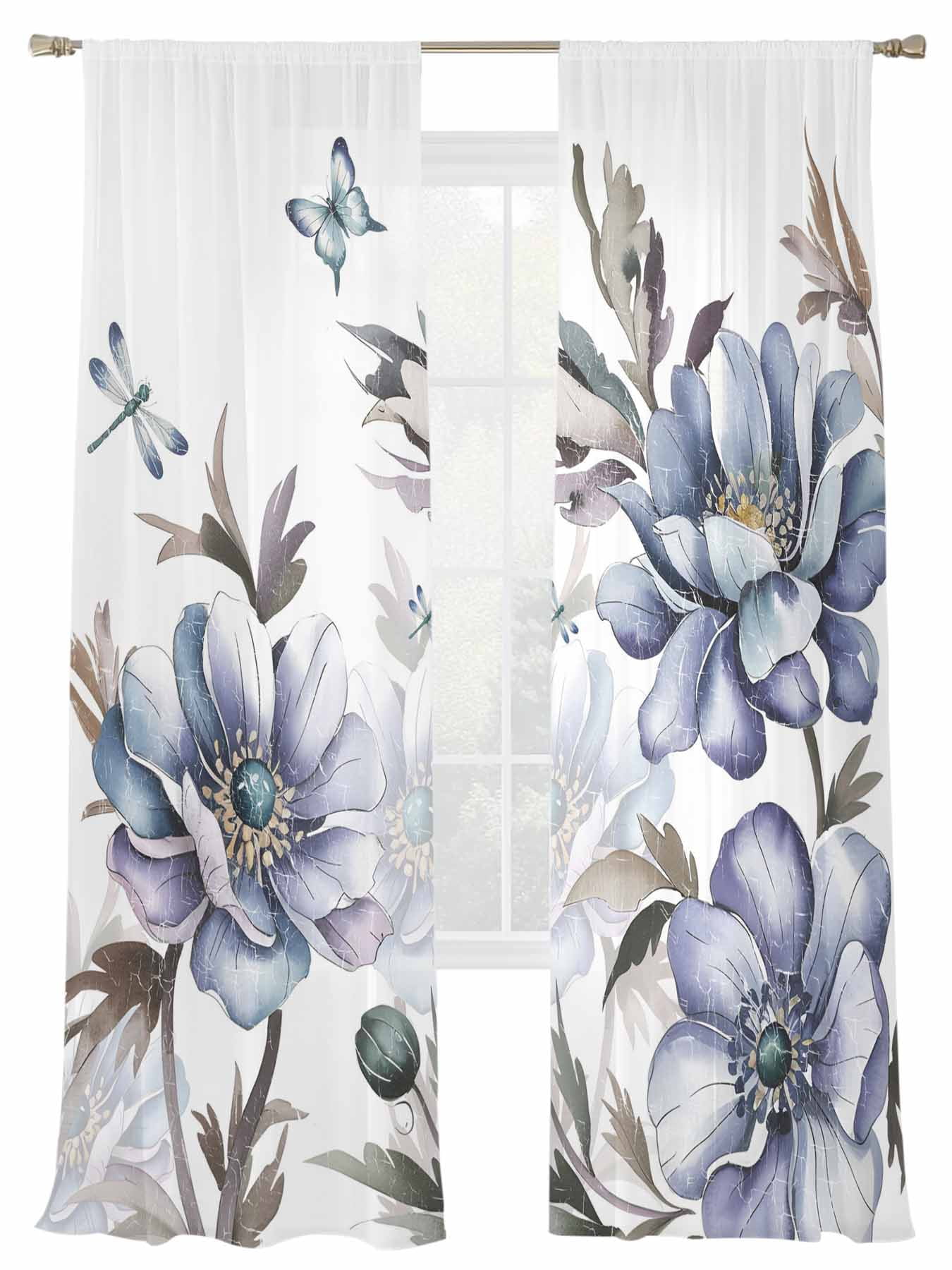 Vintage Blue Sheer Curtains 2 Panels Set Flower Farmhouse Botanical ...