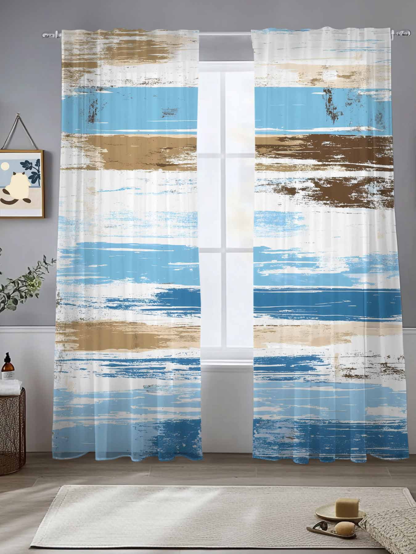 Vintage Blue Sheer Curtains 84 Inches Long 2 Panels Brown Wood Grain ...
