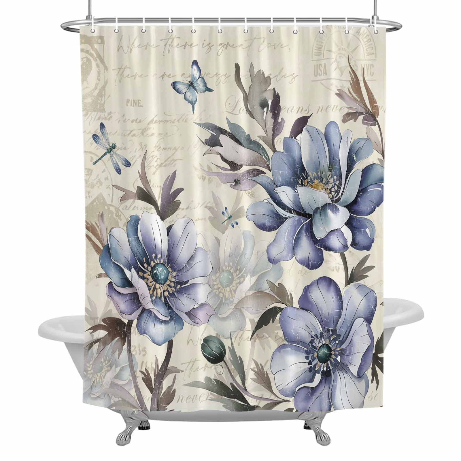 Vintage Blue Shower Curtain for Bathroom, Flower Farmhouse Botanical ...