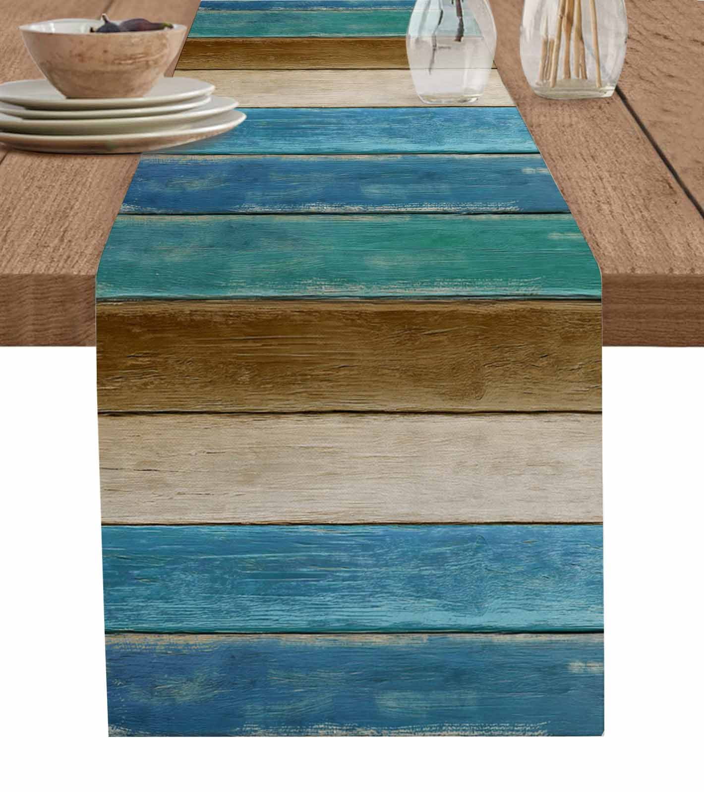 Vintage Blue Teal Brown Table Runner 108 Inches, Farmhouse Wooden Art ...