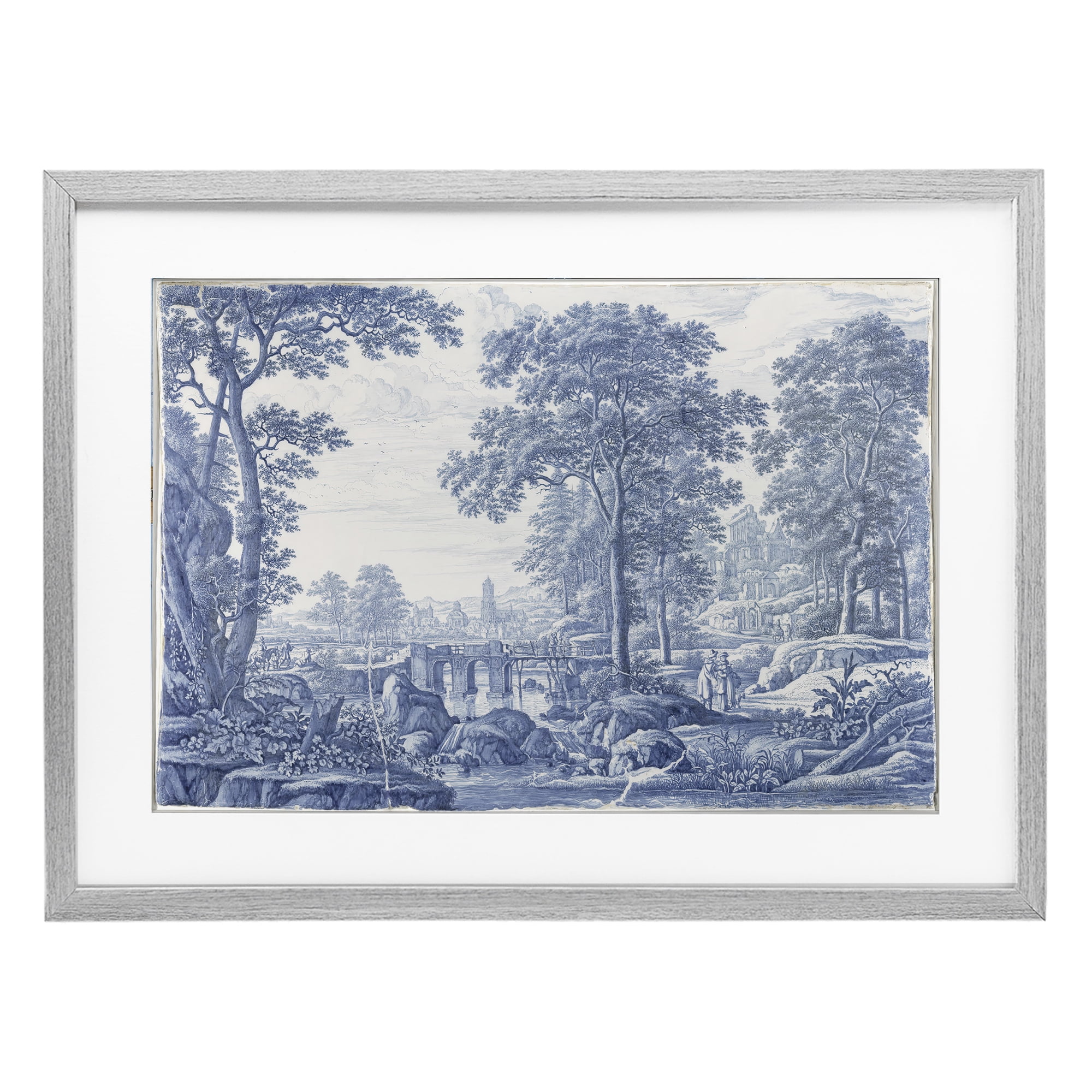 Vintage Blue Tinted Toile Gray Framed Print Under Glass, design by ...