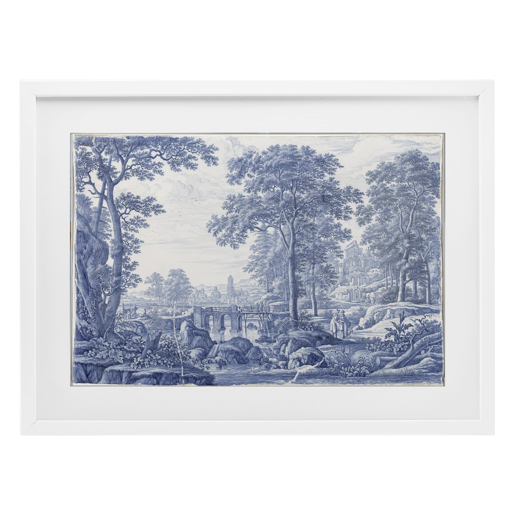 Vintage Blue Tinted Toile White Framed Print Under Glass, design by ...