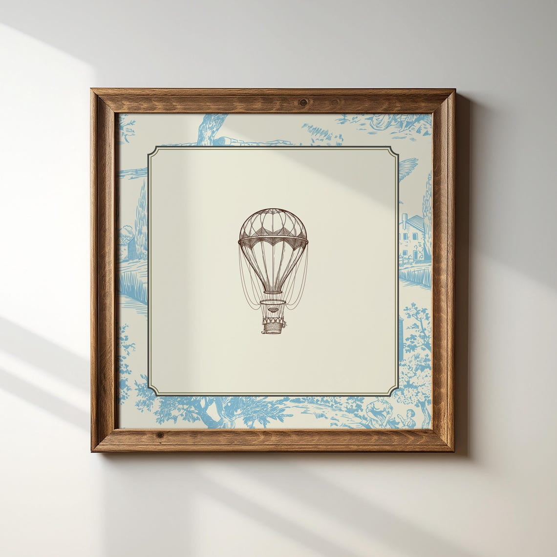 Vintage Blue Toile Hot Air Balloon Print, Trendy Decor, Botanical ...