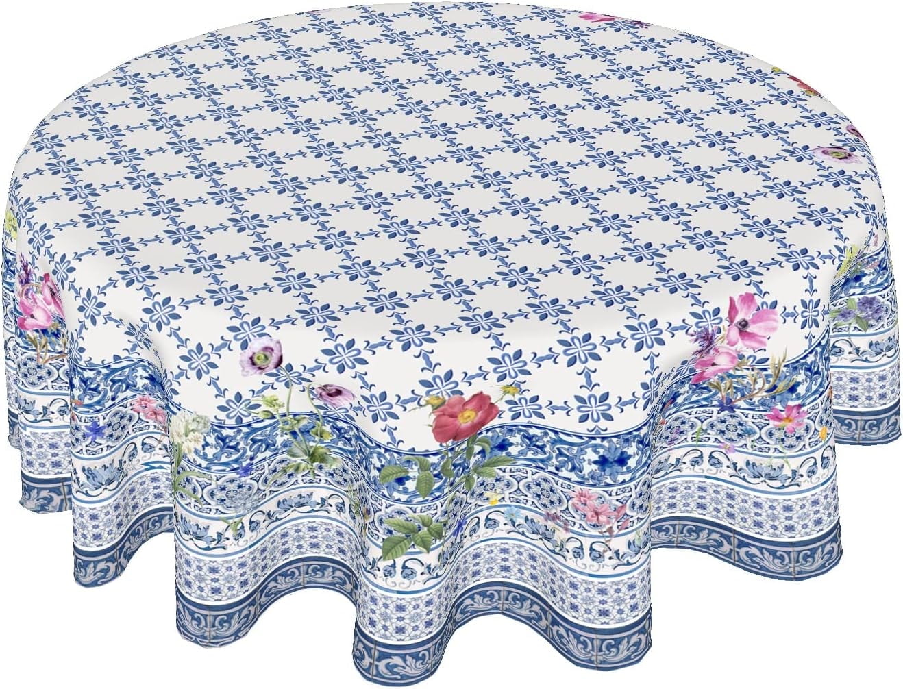 Vintage Blue White Floral Round Tablecloth 60 Inch Chinoiserie ...