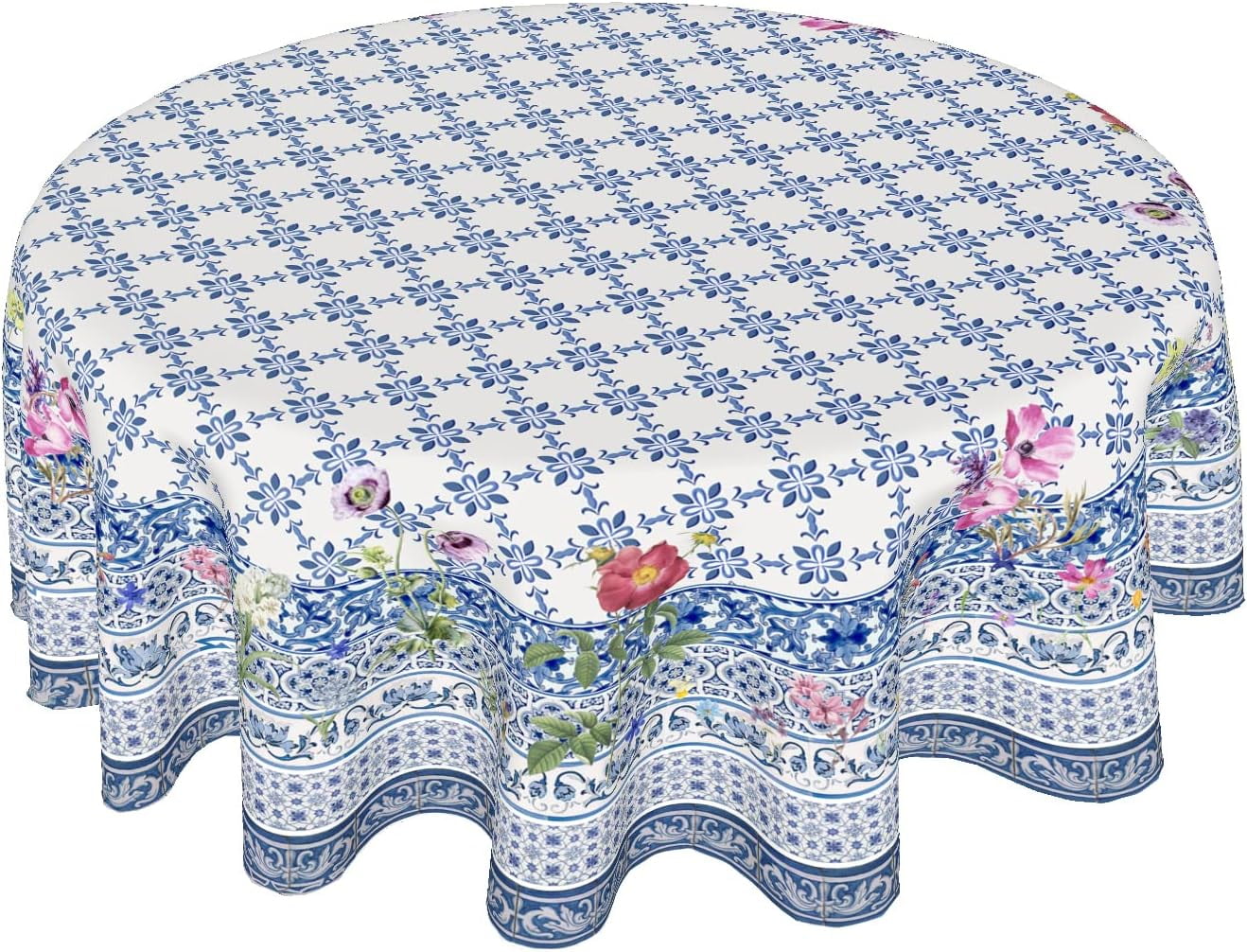 Vintage Blue White Floral Round Tablecloth 60 Inch Chinoiserie ...